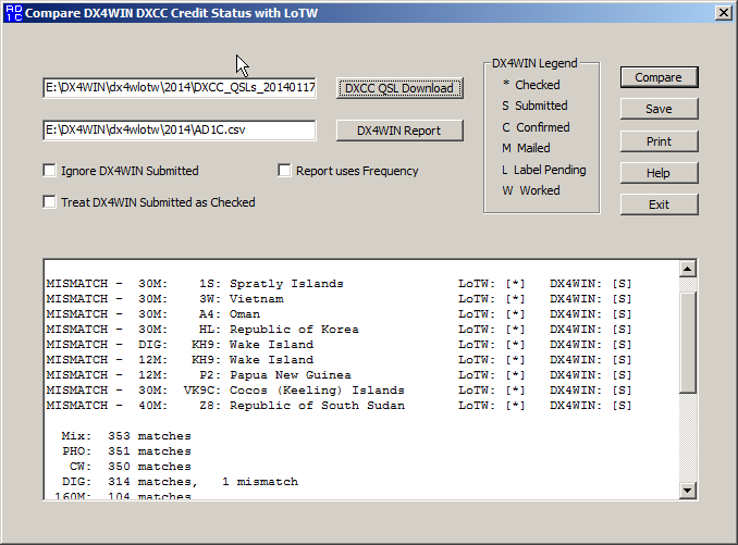 Compare DX4WIN DXCC Credit Status with LoTW